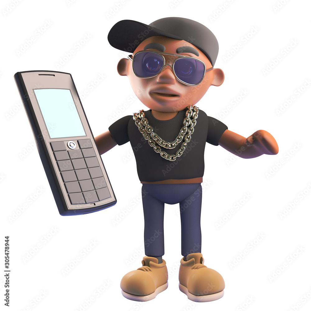 Cartoon 3d black hiphp rapper character in baseball cap holding an old ...