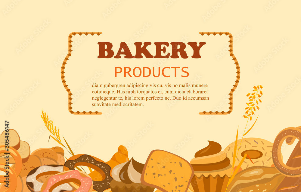 Banner with bakery products. Wheat, rye and whole grain bread. Pretzel ...