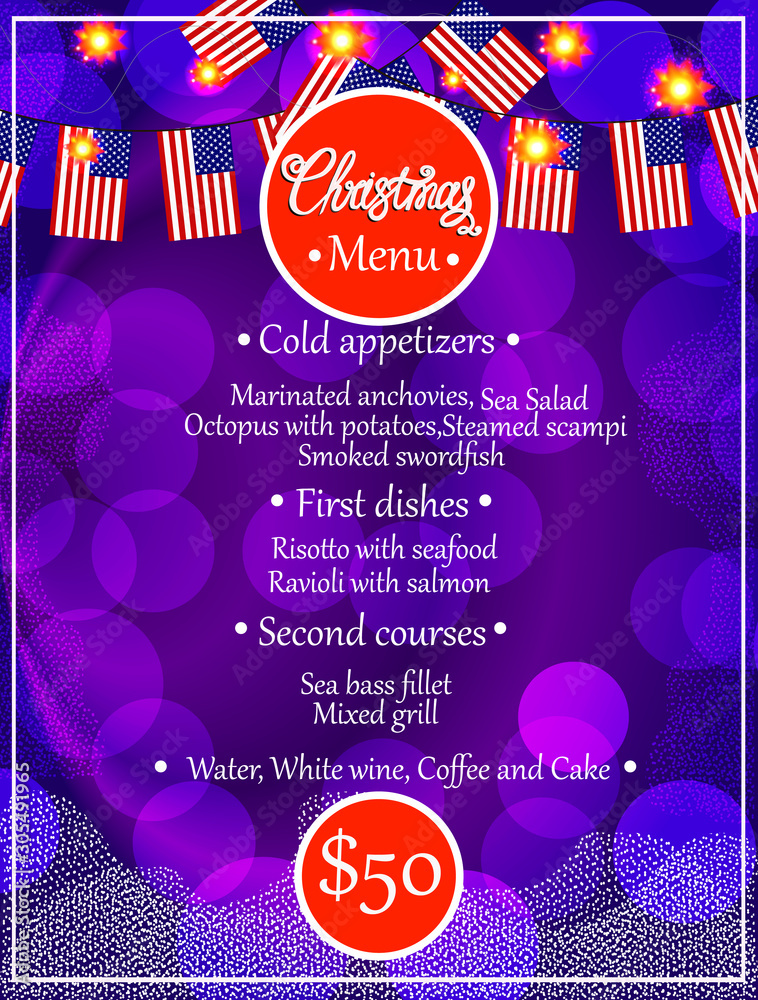 Bright banner festive menu with flags of USA. Blank with approximate ...