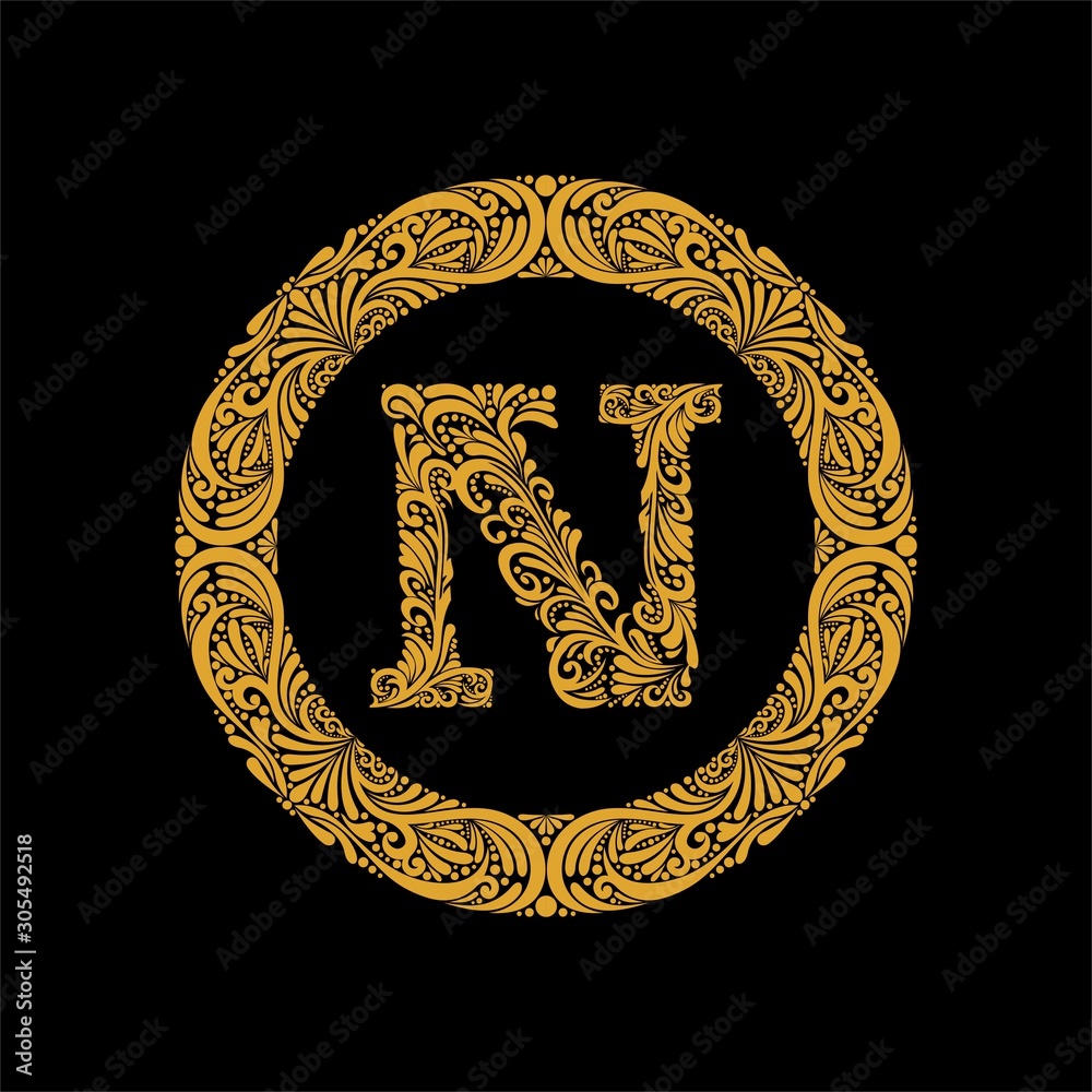 Premium, elegant capital letter N in a round frame is made of floral ...