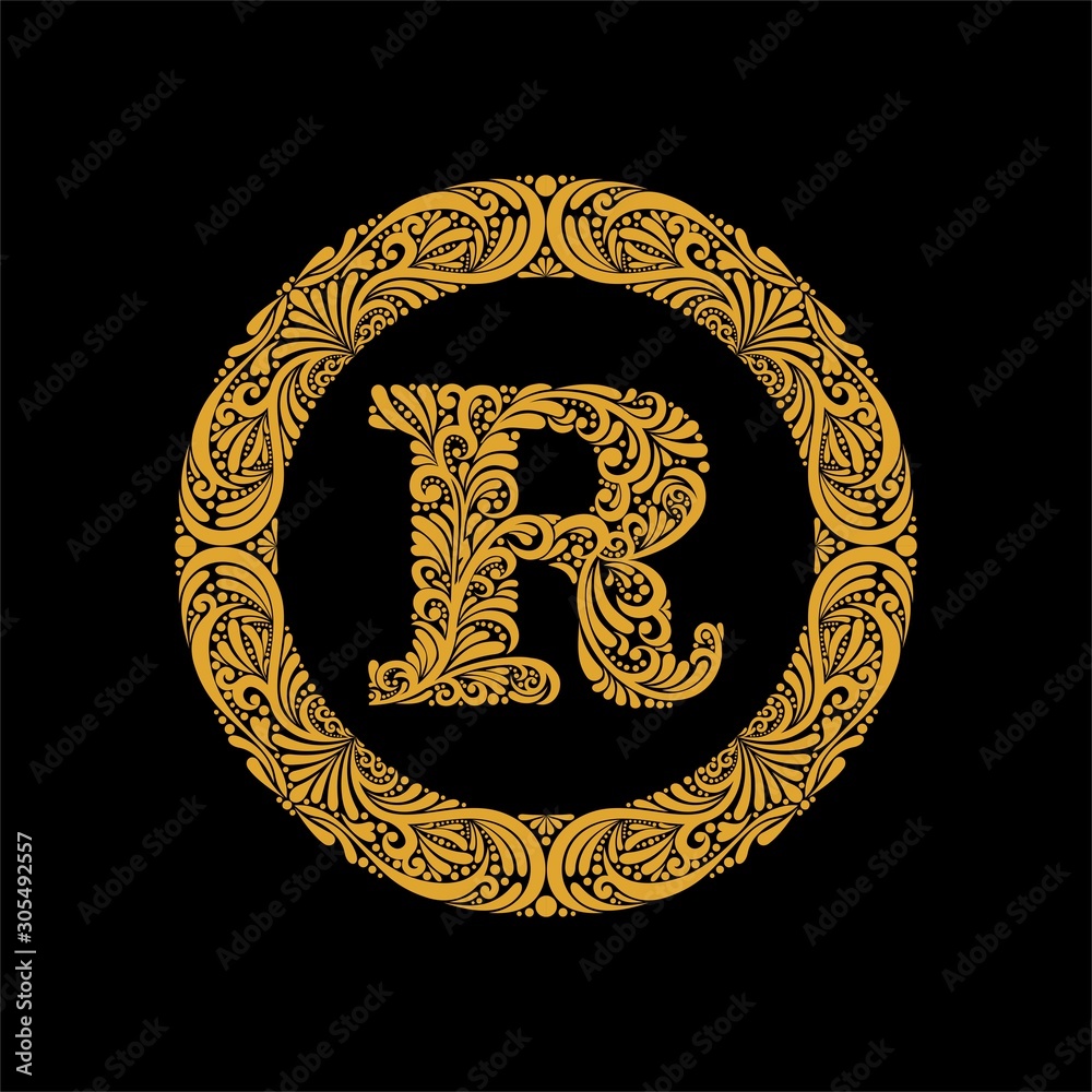 Premium, elegant capital letter R in a round frame is made of floral ...