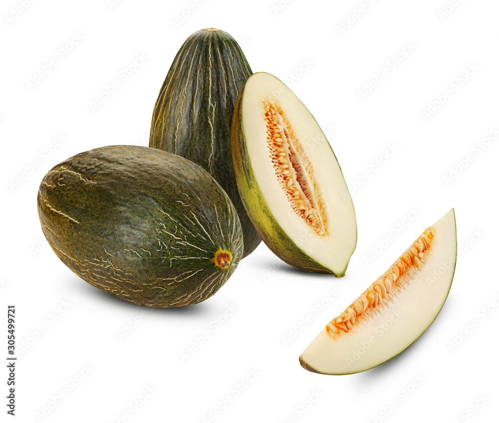 Delicious green tendral melon in cross-section, isolated on white ...