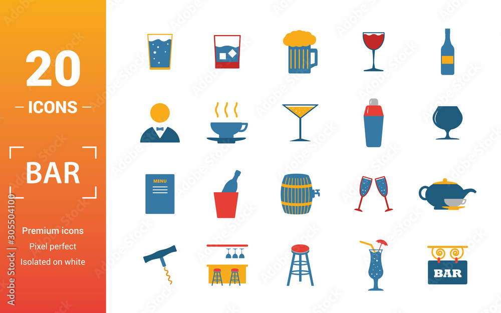 Bar - Restorant icon set. Include creative elements glass, beer ...