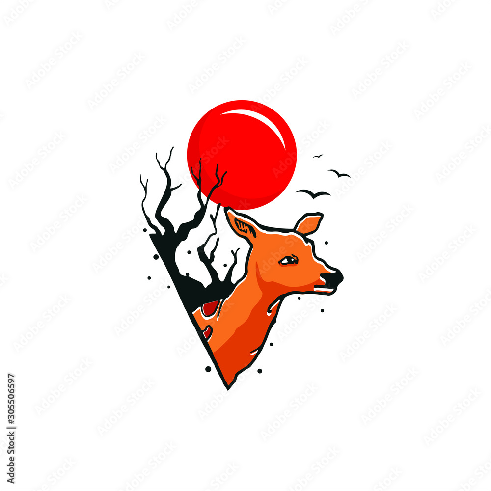 deer logo modern fun illustration with tree and red moon for wildlife ...