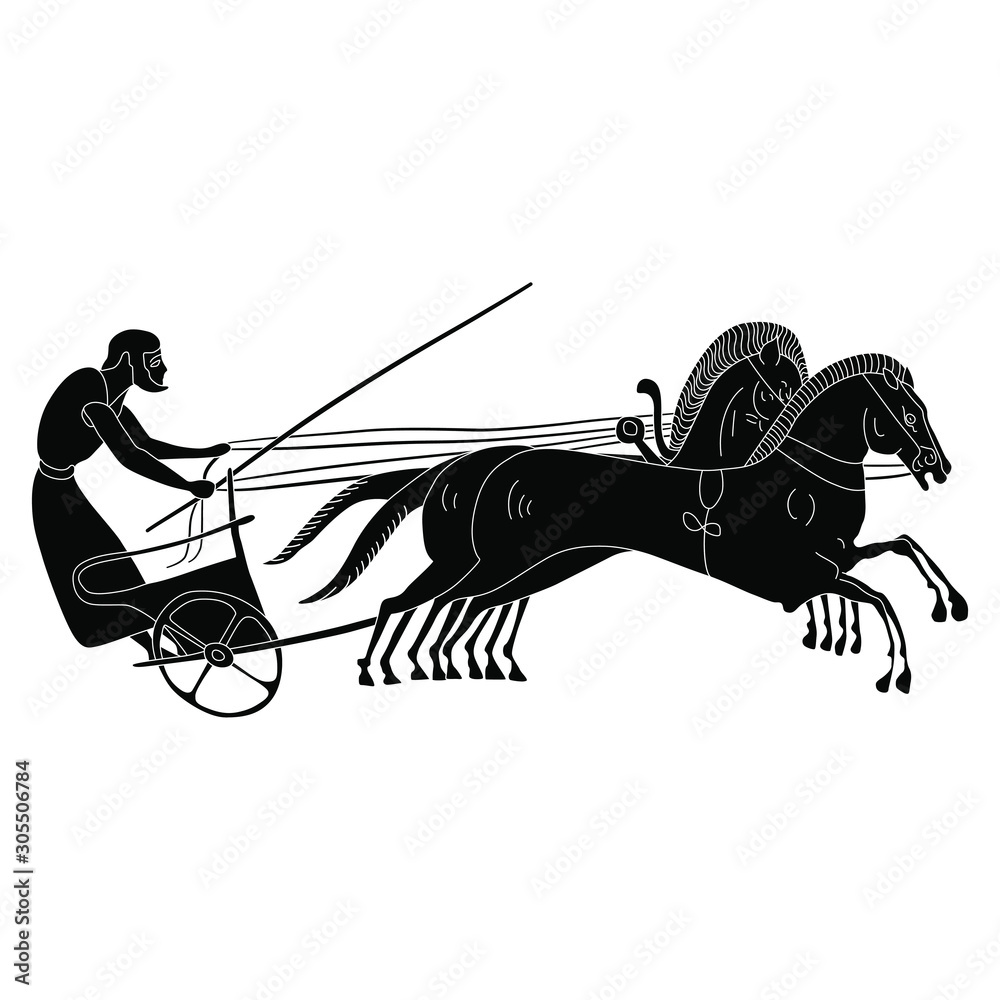 Ancient Greek charioteer riding a horse-drawn chariot. Black and white ...
