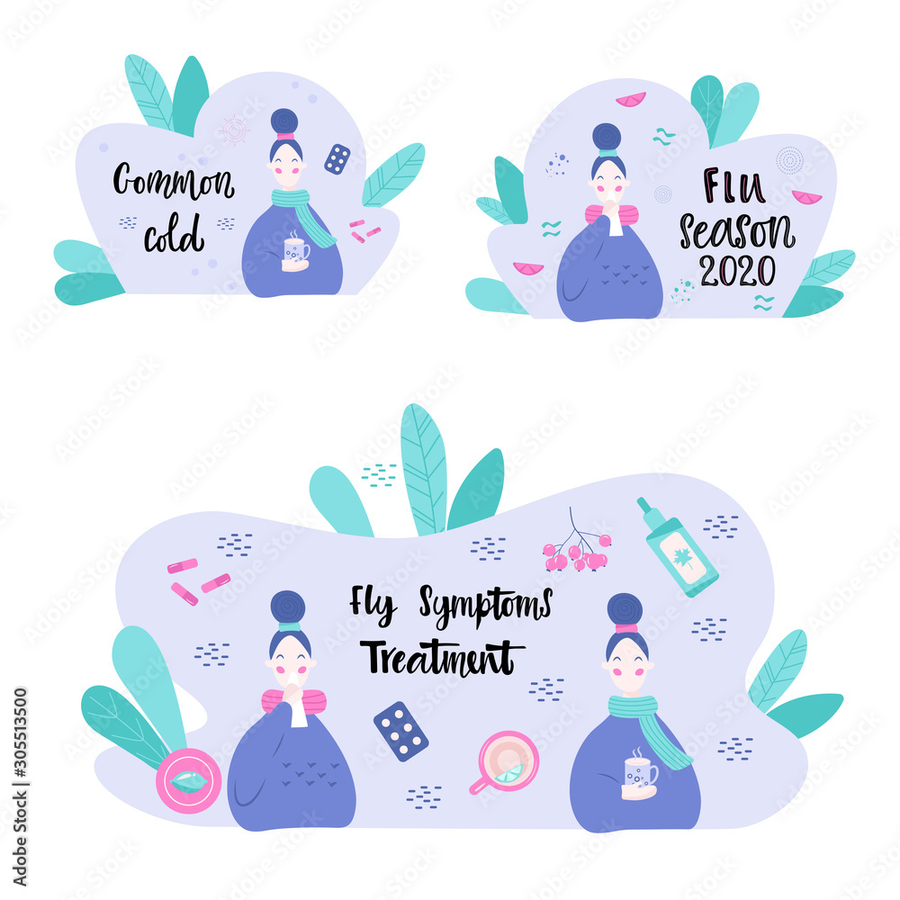 Vetor de 6. Set of ill or cick young women having influenza, common ...