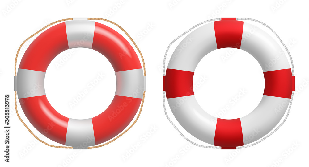 Realistic red and white lifebuoy whith a rope. Vector safety torus ...