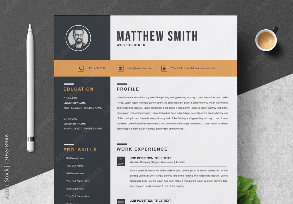 Resume Layout with Dark Sidebar and Orange Accents Stock Template ...