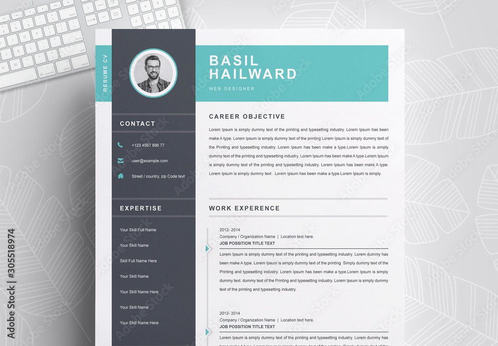 Resume Layout with Dark Sidebar and Blue Header Stock Template | Adobe ...