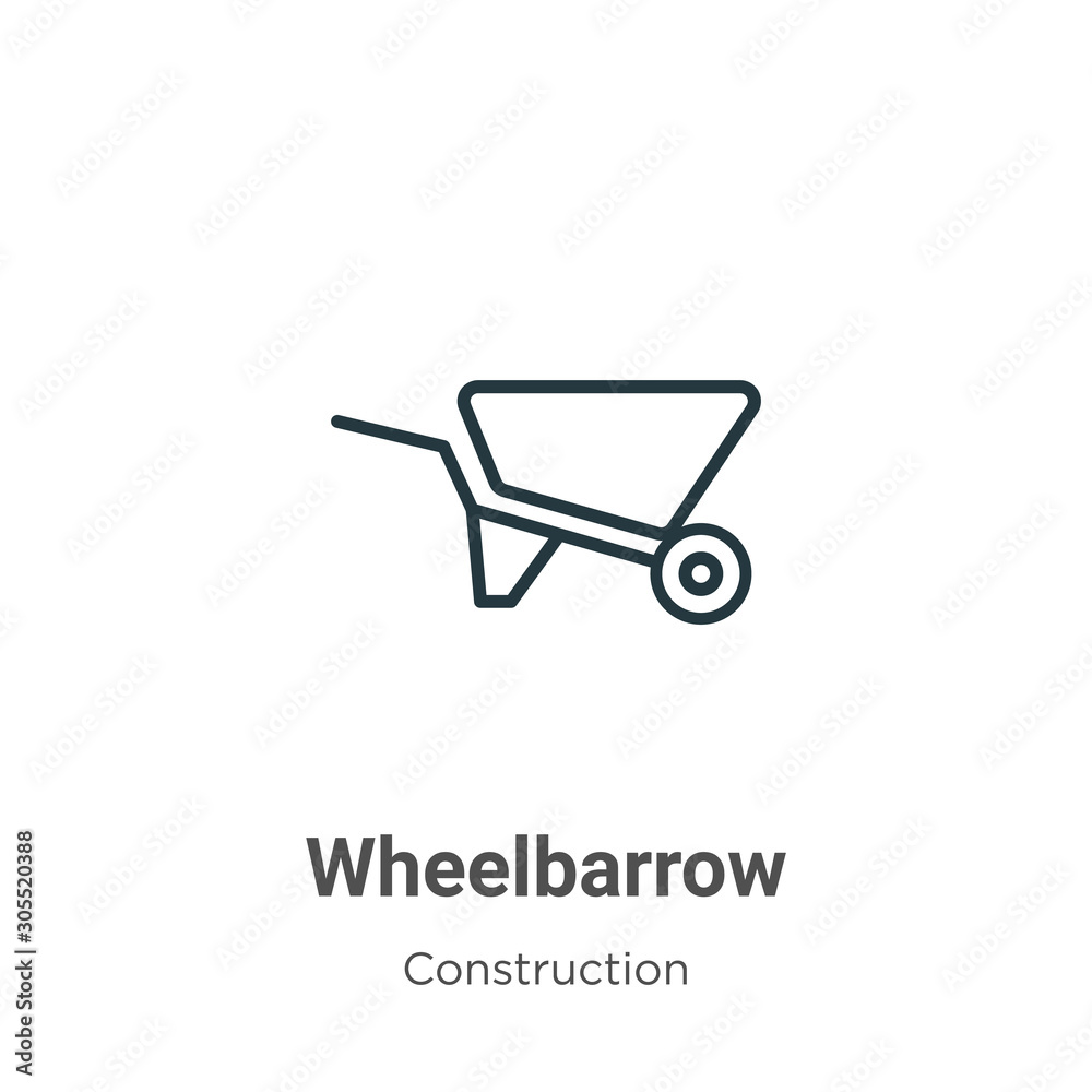 Wheelbarrow outline vector icon. Thin line black wheelbarrow icon, flat ...