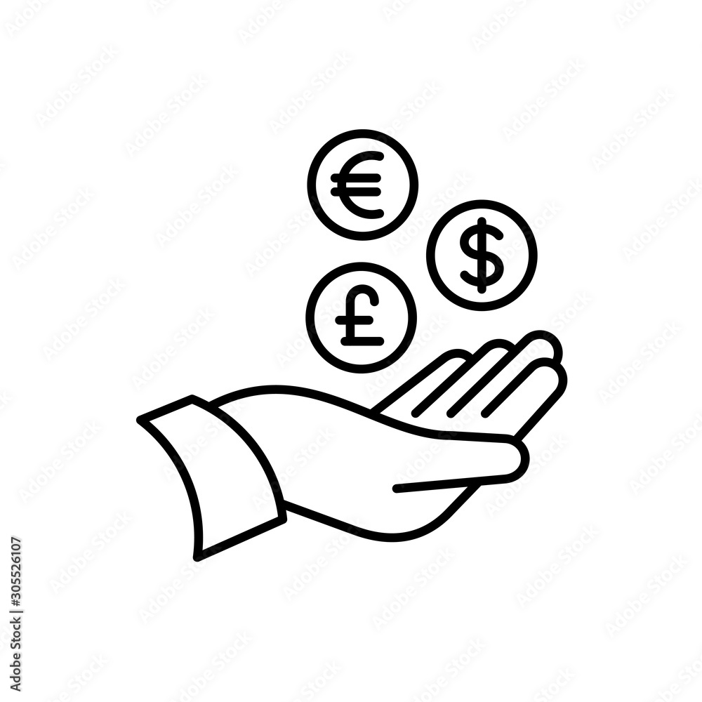 Hand with money icons. Tax return, vat refund or other money back ...