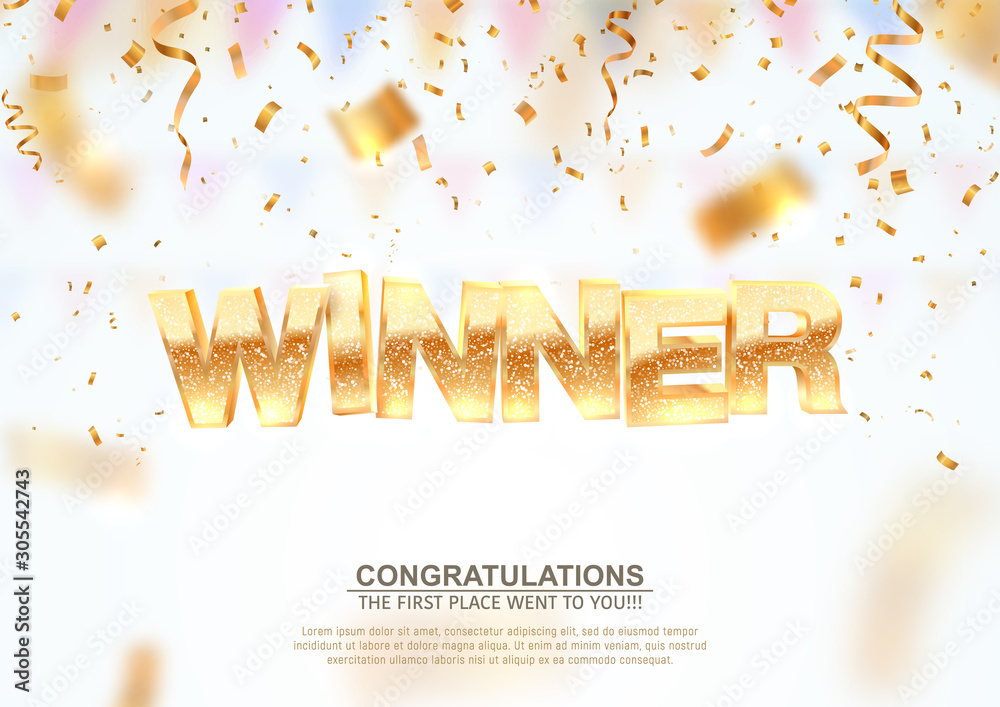 Golden winner word on falling down confetti background with blur motion ...
