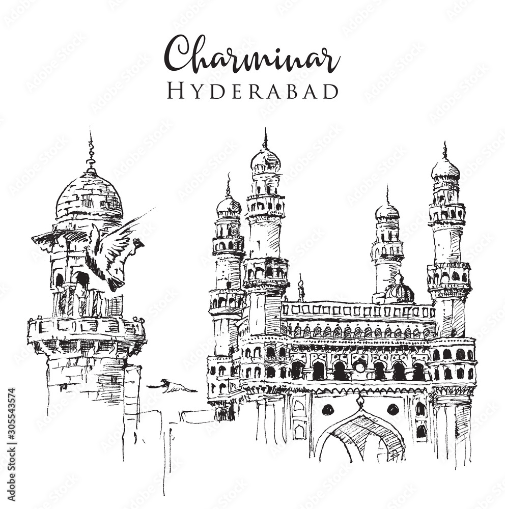 Drawing sketch illustration of Charminar Stock Vector | Adobe Stock
