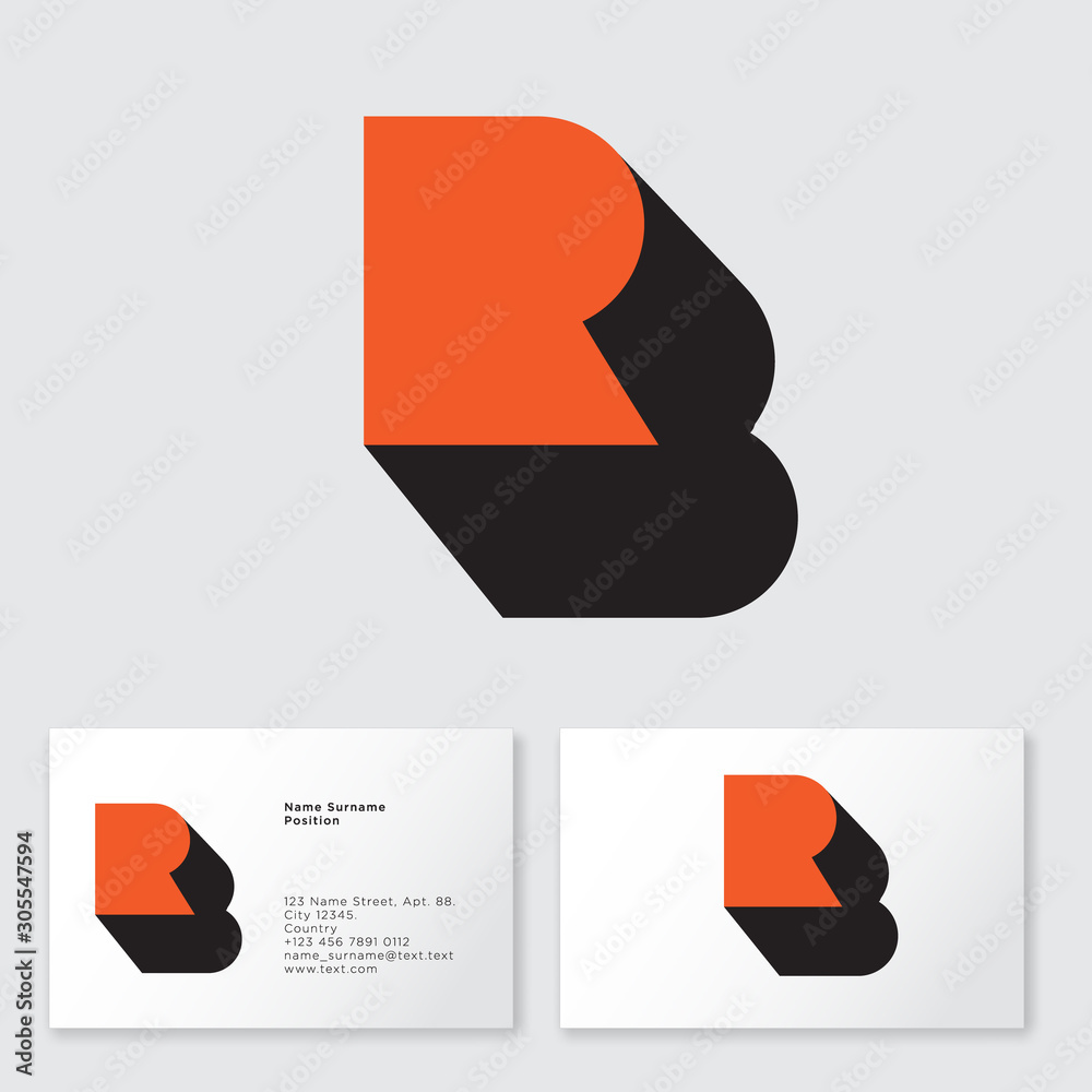 R, B logo concept. R letter with shadow like letter B on a white ...