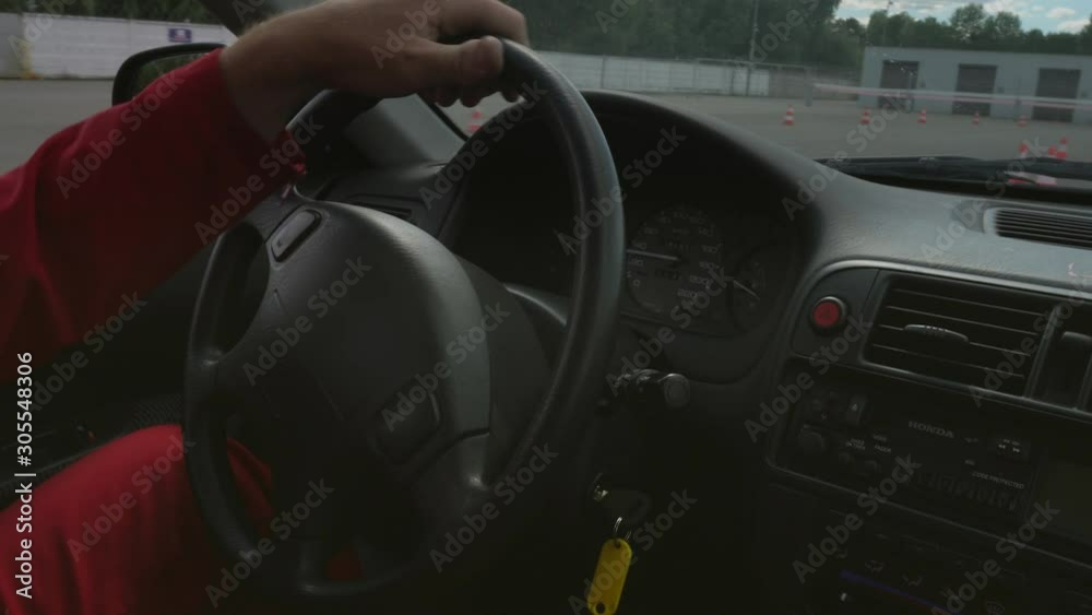 view from the car cabin on the race track, emergency driving car in ...