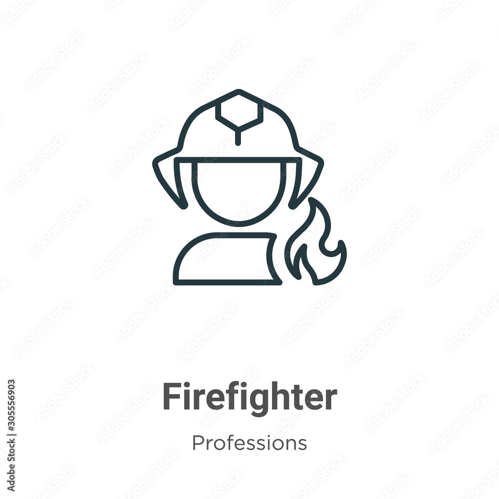 Firefighter outline vector icon. Thin line black firefighter icon, flat ...