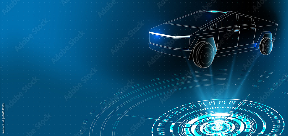 Cybertruck car presentation in HUD interface in blue, cyber future ...