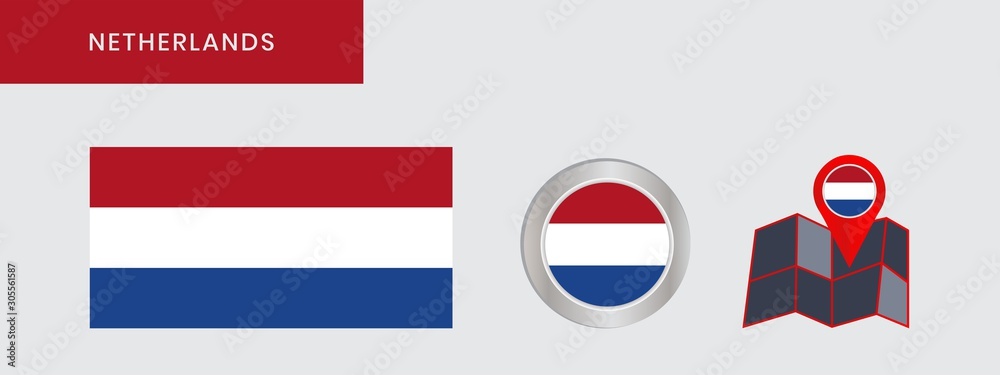 The horizontal Dutch flag is isolated in official colors, map pins ...