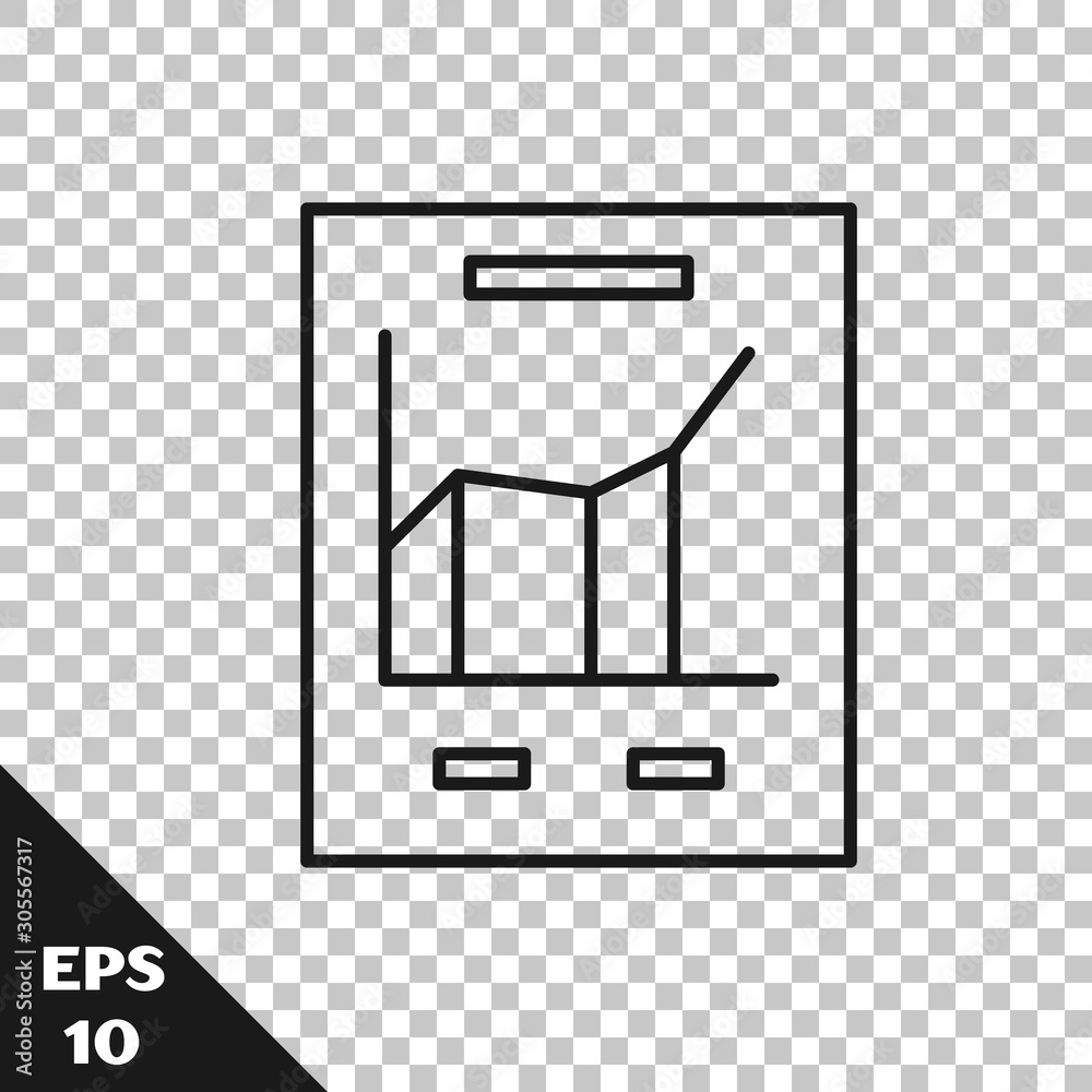 Black line Document with graph chart icon isolated on transparent background. Report text file ...