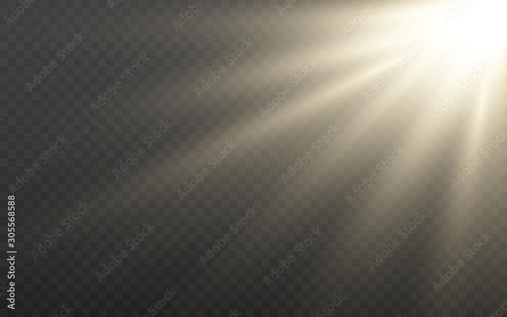 Sun light on transparent backdrop. Sunlight effect with glowing rays ...