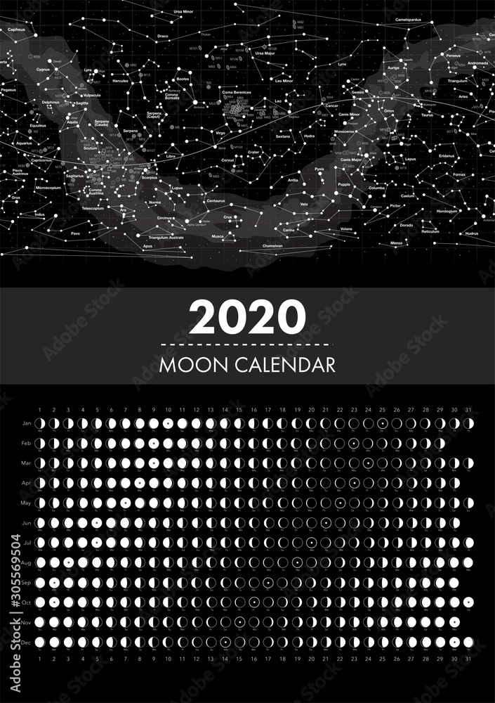 2020 moon phases calendar and star map vector Stock Vector | Adobe Stock