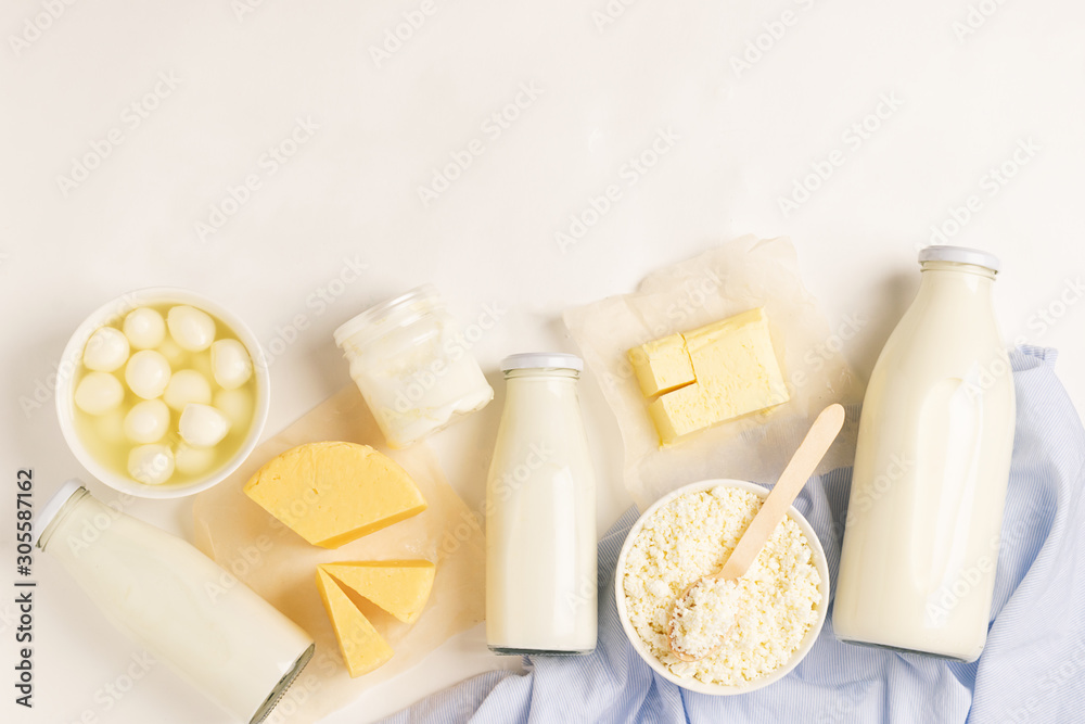 Dairy and dairy products on a white background. Milk, kefir, yogurt ...