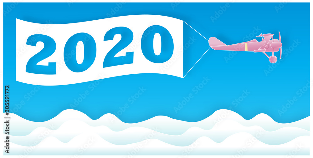 Happy New Year greeting card design with colorful airplane pulling ...