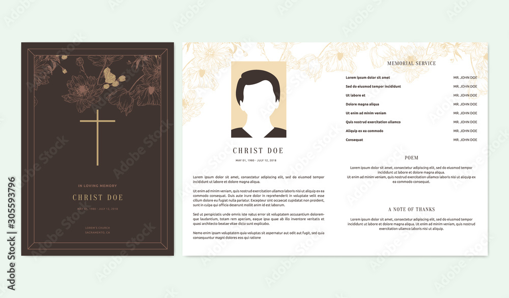 Floral memorial and funeral invitation card template design, outline ...