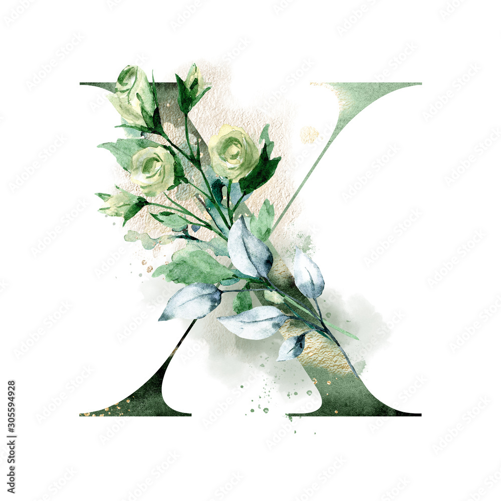 Floral alphabet, letter X with watercolor flowers, leaf and gold ...
