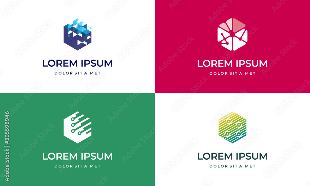 Set of Hexagon Tech logo designs template, Technology logo. Geometric ...