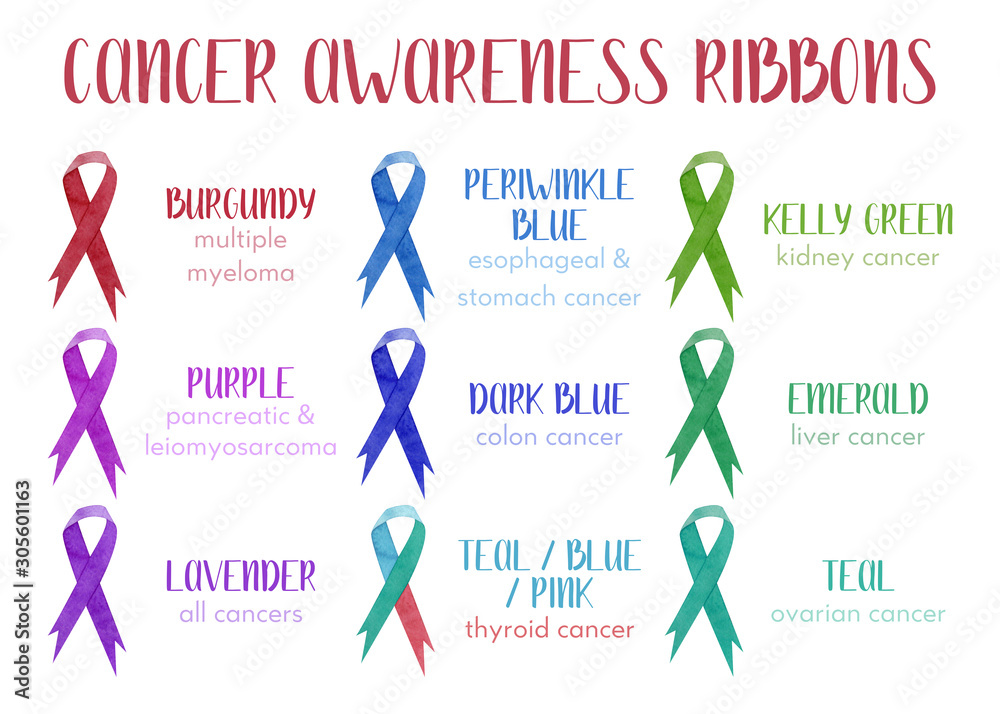 Watercolor awareness ribbons. Different color set of cancer ribbon ...