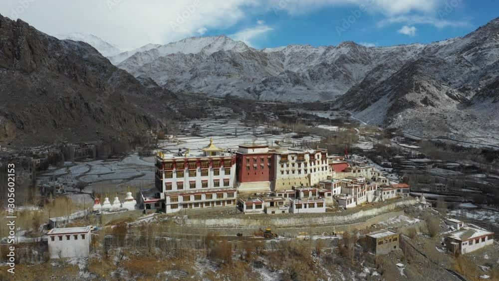 Aerial view of Phyang Monastery on a winter day. It belongs to the ...
