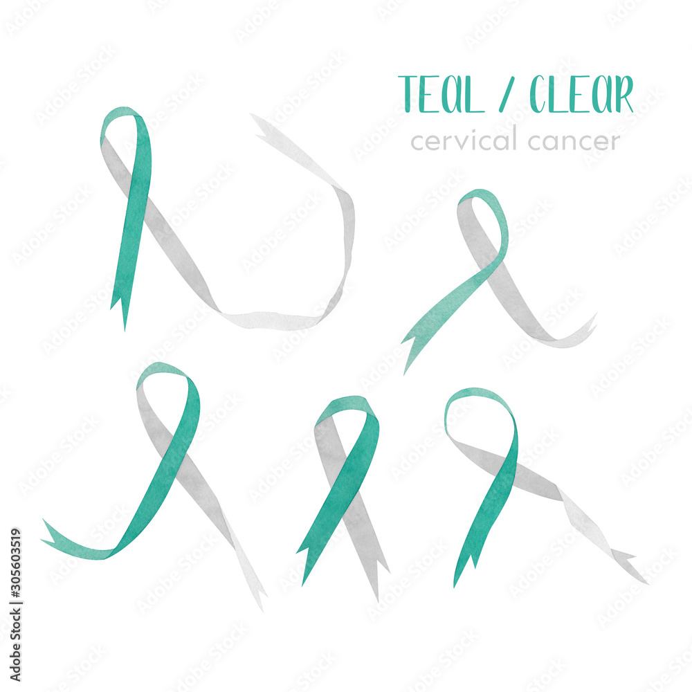 Watercolor teal-clear awareness ribbons. Cervical cancer ribbon ...