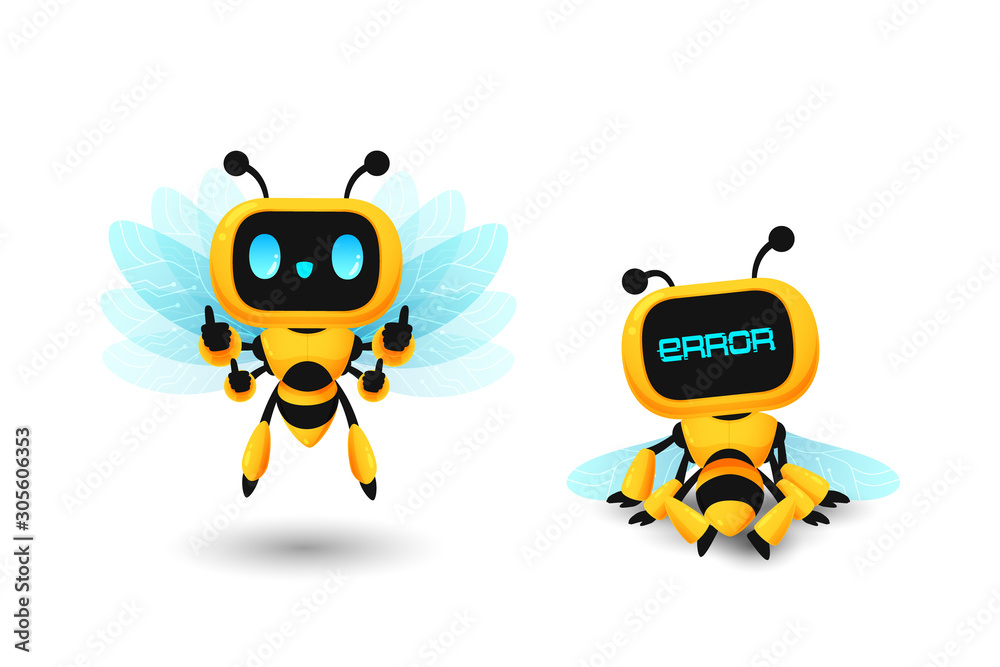 Cute bee robot ai character in show thumb up and error pose vector de ...
