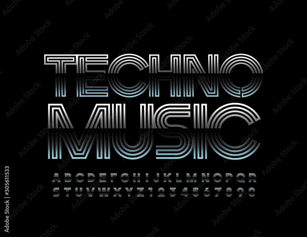 Vector metal sign Techno Music. Abstract maze Font. Reflective Alphabet ...
