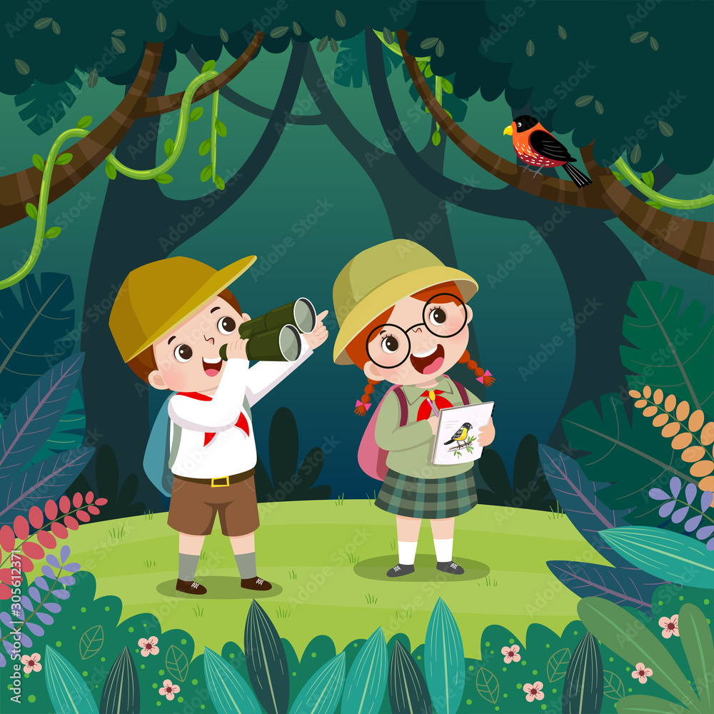 Cute boy watching bird through binoculars and the girl drawing the ...