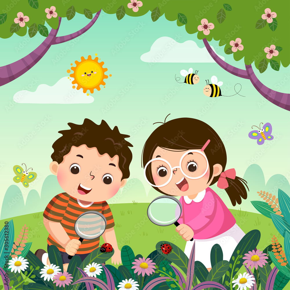 Kids Using Magnifying Glass Clip Art