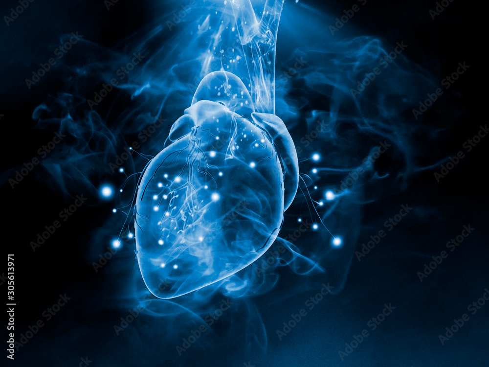 Mix Media 3D Render - Heart organ blue fire smoke effect on the black ...
