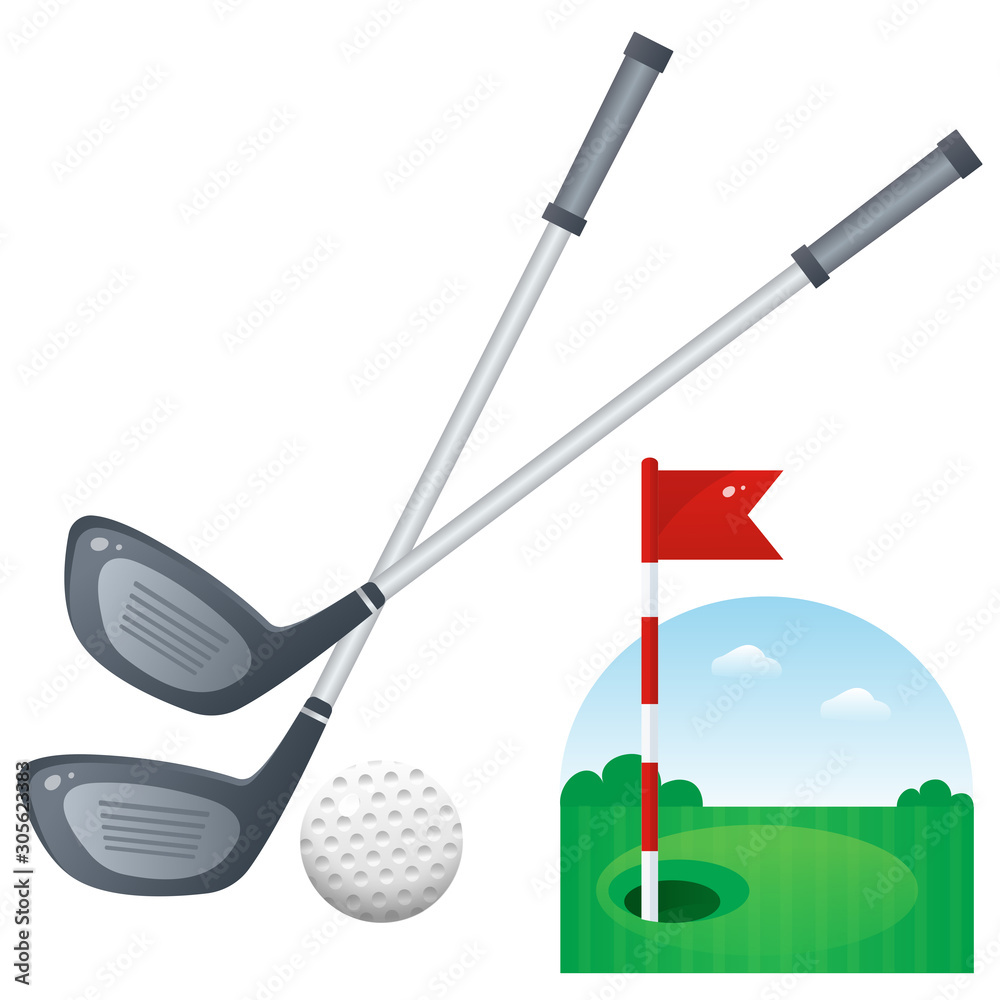 Golf set. Color image of cartoon putter with ball and playground on ...