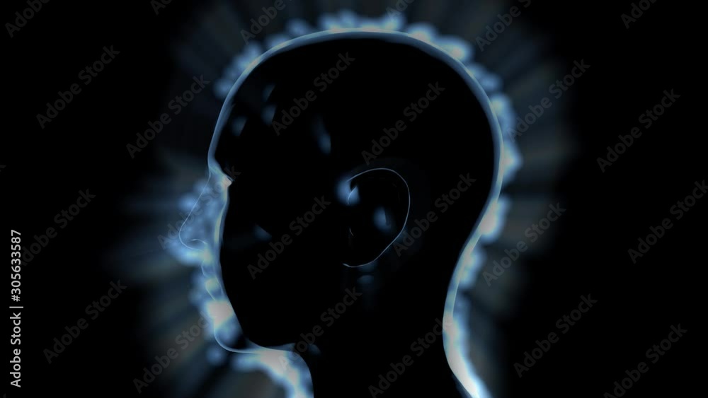 Profile of glowing face with sparkling, twinkling particles and ...