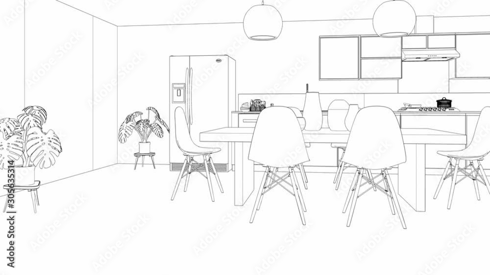 dining room interior design, sketch of modern house, video 4k 3d ...