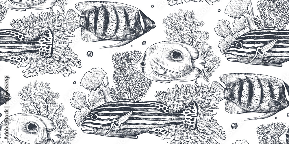 Vector monochrome seamless sea pattern with tropical fish Stock Vector ...