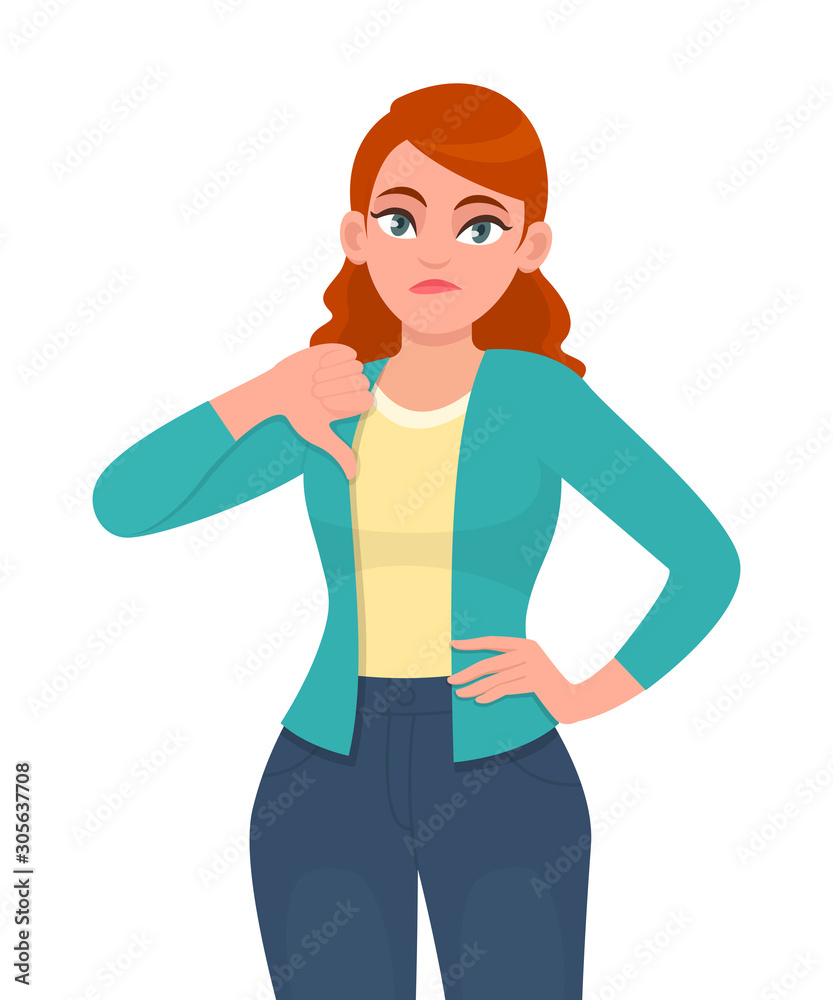 Unhappy young woman showing thumbs down sign. Frustrated teenage girl ...