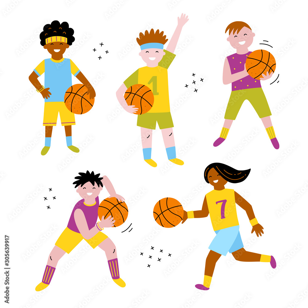 Basketball children vector set. Cute kids playing basketball on white ...