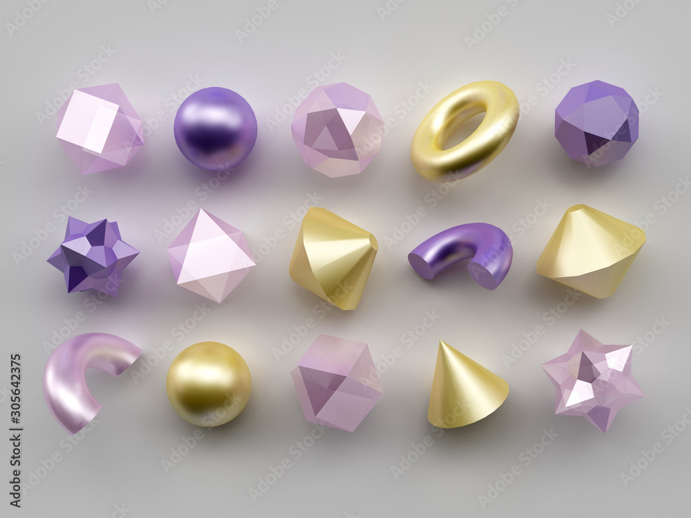 Set of 3d render realistic primitives on white background. Isolated graphic elements. Spheres ...