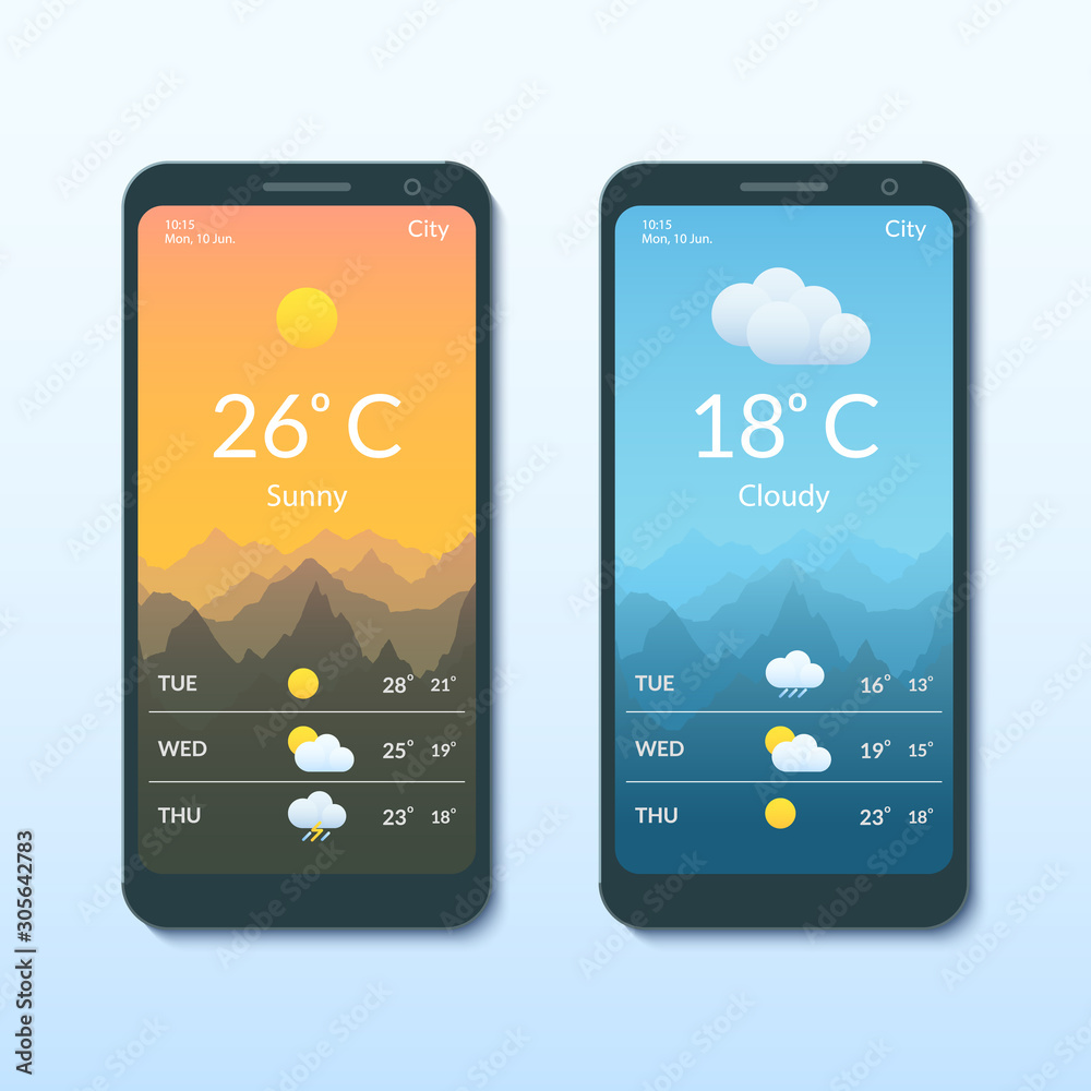 Smartphone screens with the weather forecast mobile app. Stock Vector ...