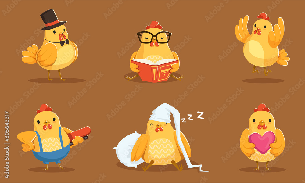 Set Of Animated Chicken In Different Actions Vector Illustration ...