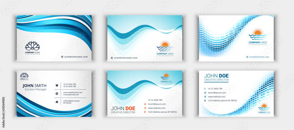 Set of wave business card template, business card with waves background ...