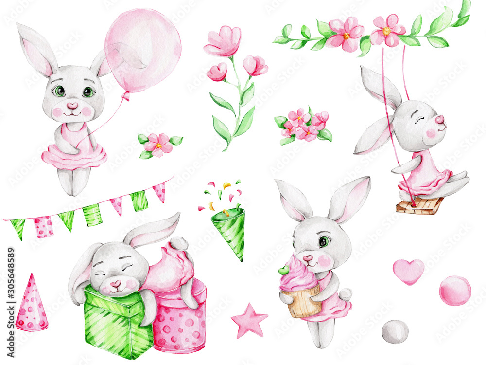 Set with four little rabbits girls in pink dresses and flower elements ...
