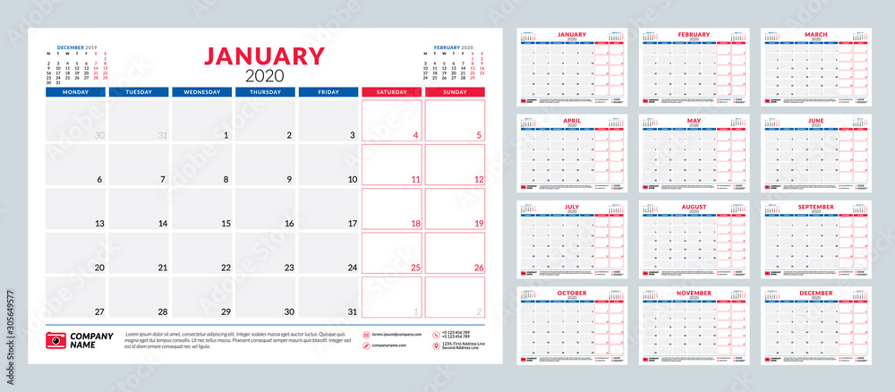 Calendar planner for 2020 year. Stationery design template. Vector ...